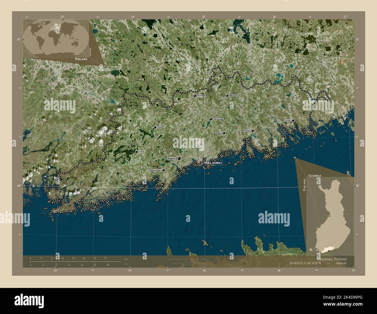 Uusimaa, region of Finland. High resolution satellite map. Locations ...