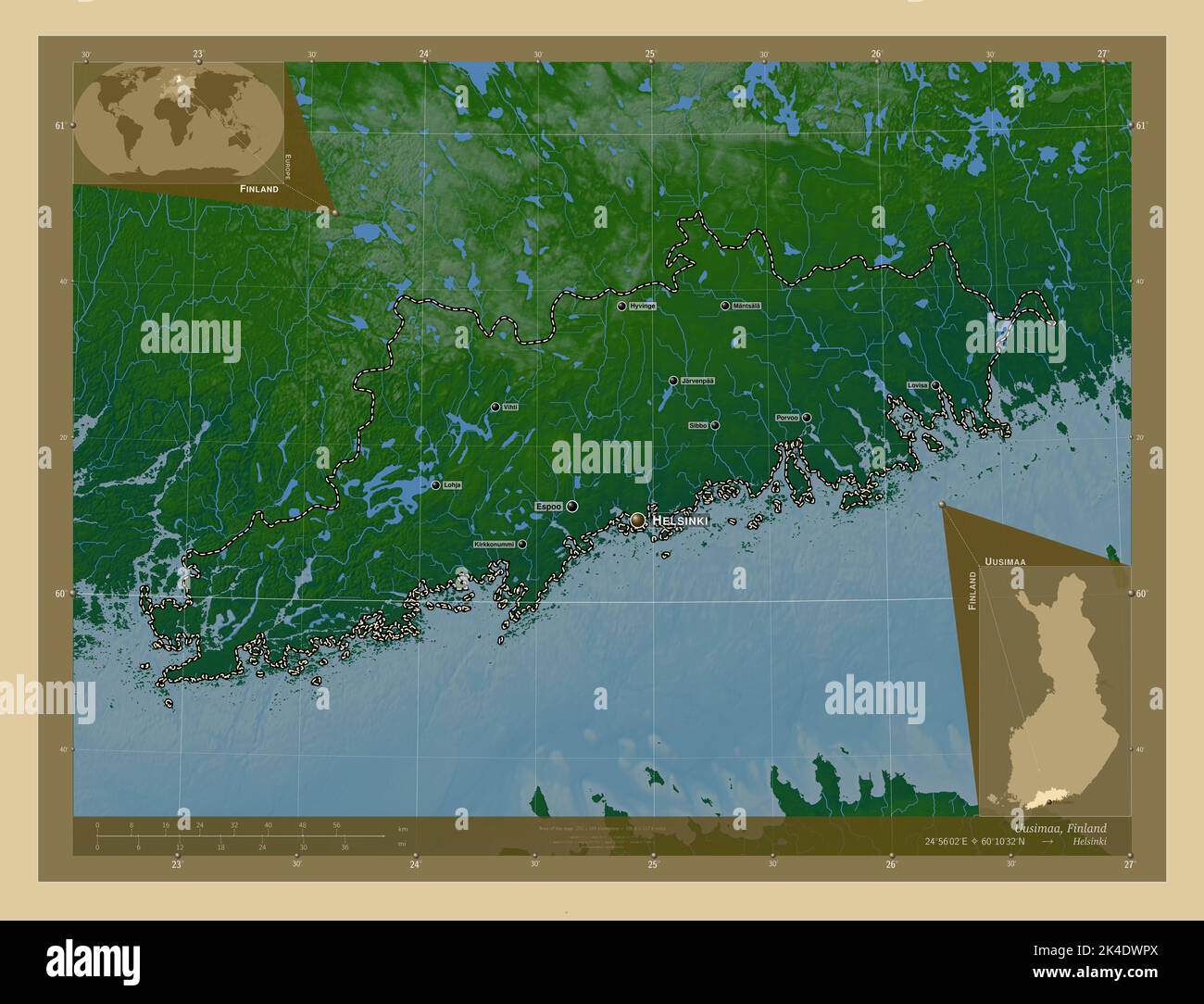 Uusimaa, region of Finland. Colored elevation map with lakes and rivers ...