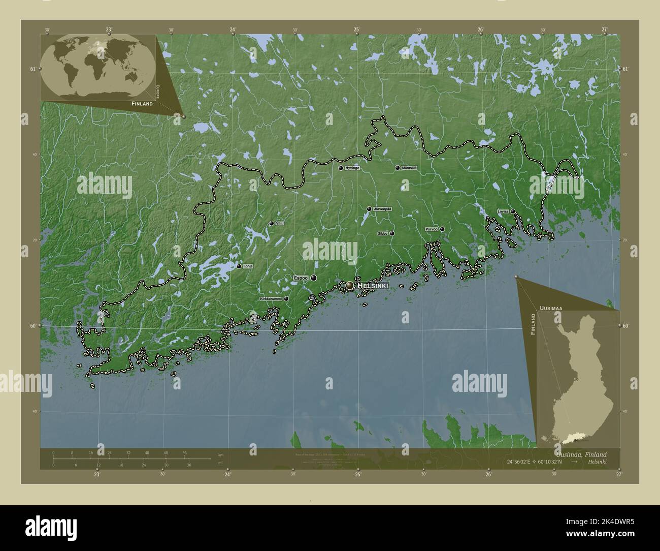 Uusimaa, region of Finland. Elevation map colored in wiki style with ...