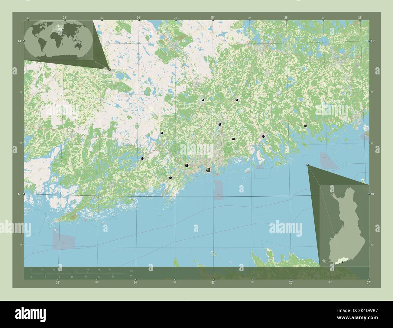 Uusimaa, region of Finland. Open Street Map. Locations of major cities ...