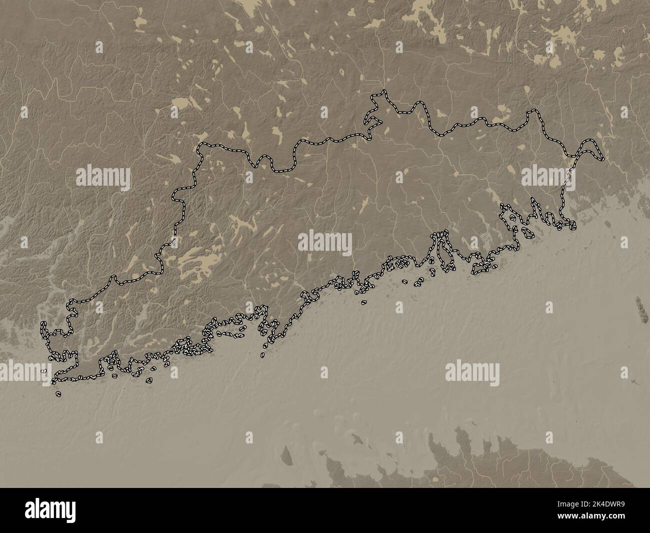 Uusimaa, region of Finland. Elevation map colored in sepia tones with ...