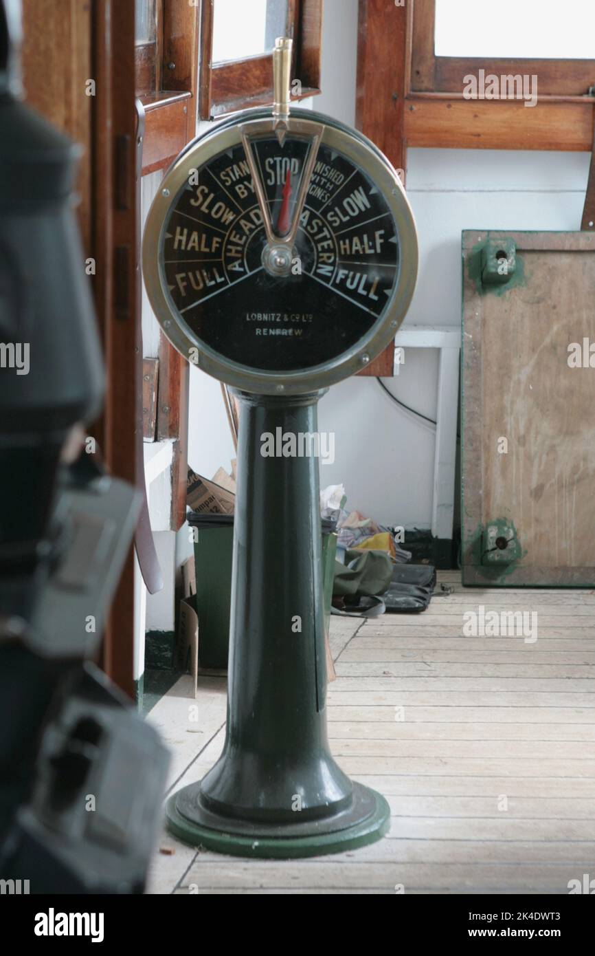 Engine order telegraph (EOT) on the bridge of preserved steamship SS ...