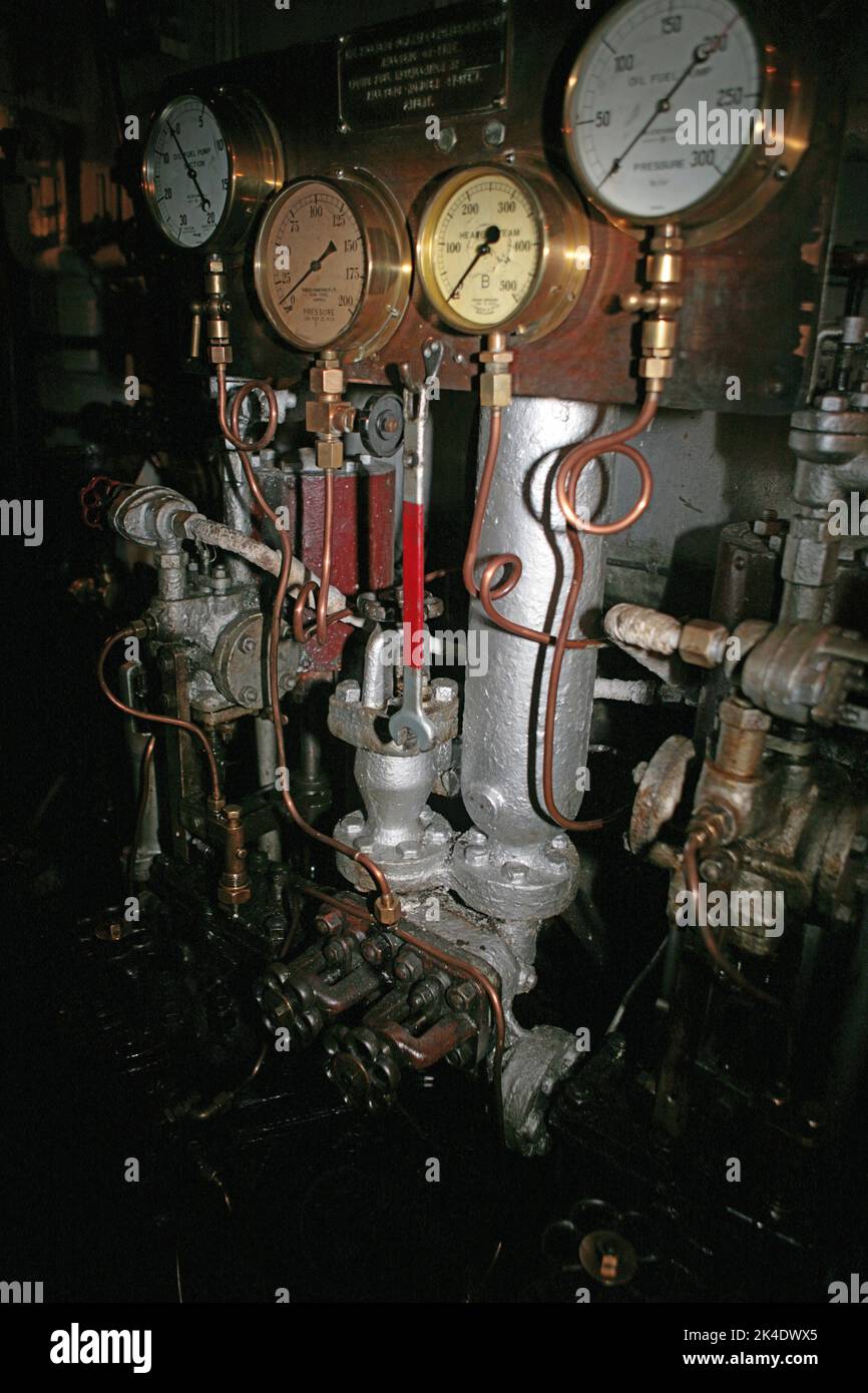 Dials and controls in the boiler room of preserved steamship SS ...
