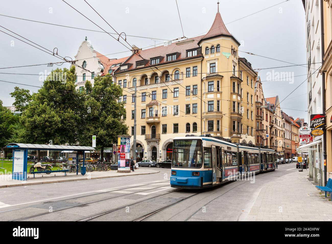 Munich, Germany - July 4, 2011 : Public tram running along Thiersch ...