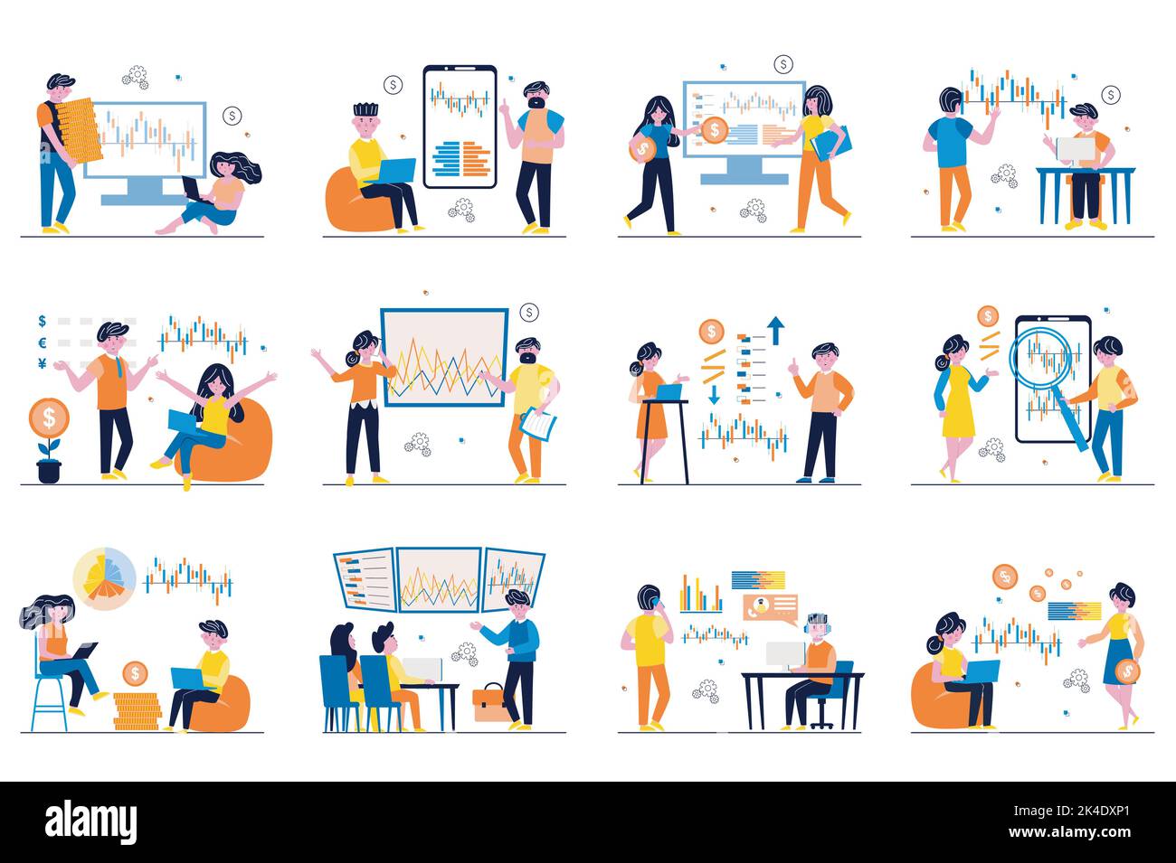 Stock market concept with tiny people scenes set in flat design. Bundle ...