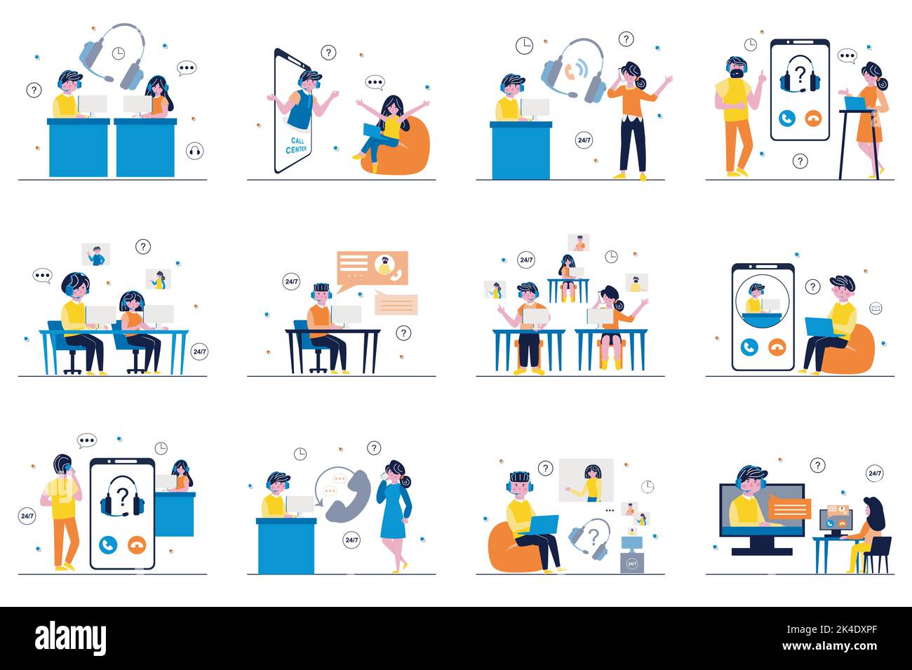 Call center concept with tiny people scenes set in flat design. Bundle ...
