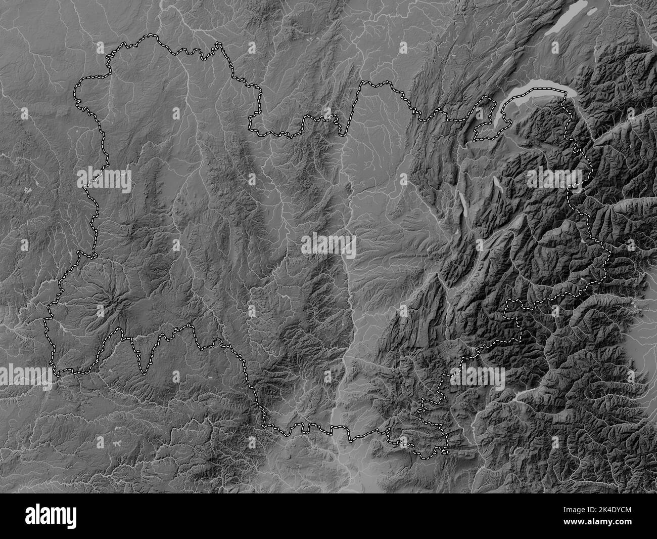 Auvergne-Rhone-Alpes, region of France. Grayscale elevation map with ...