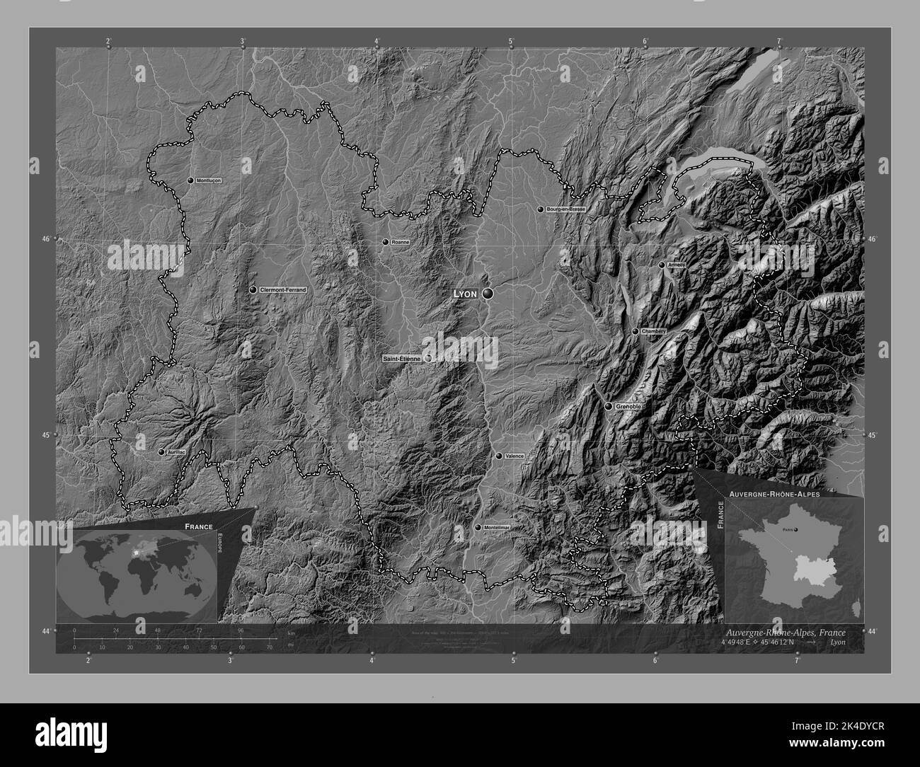 Auvergne-Rhone-Alpes, region of France. Bilevel elevation map with lakes and rivers. Locations ...