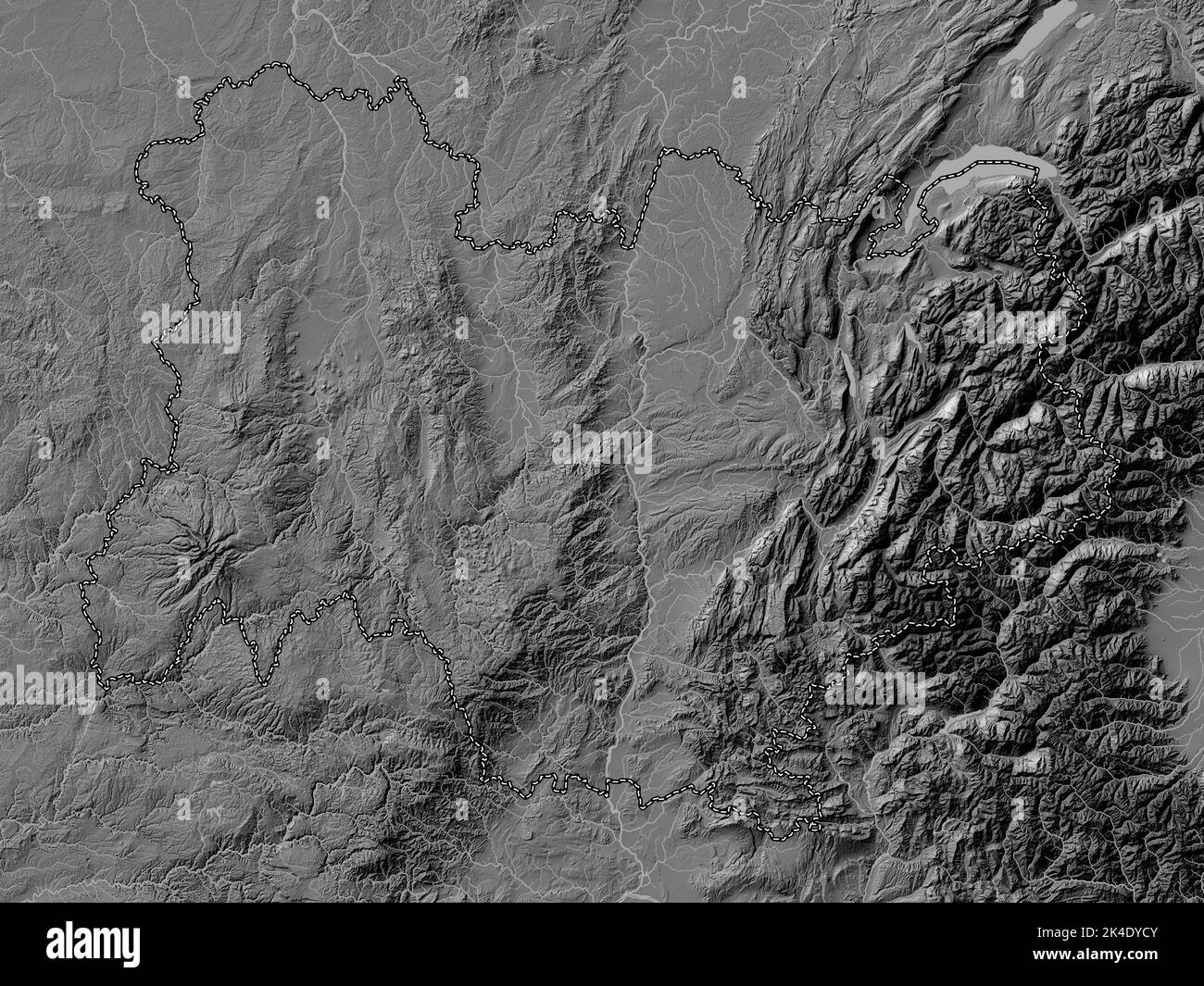 Auvergne-Rhone-Alpes, region of France. Bilevel elevation map with ...