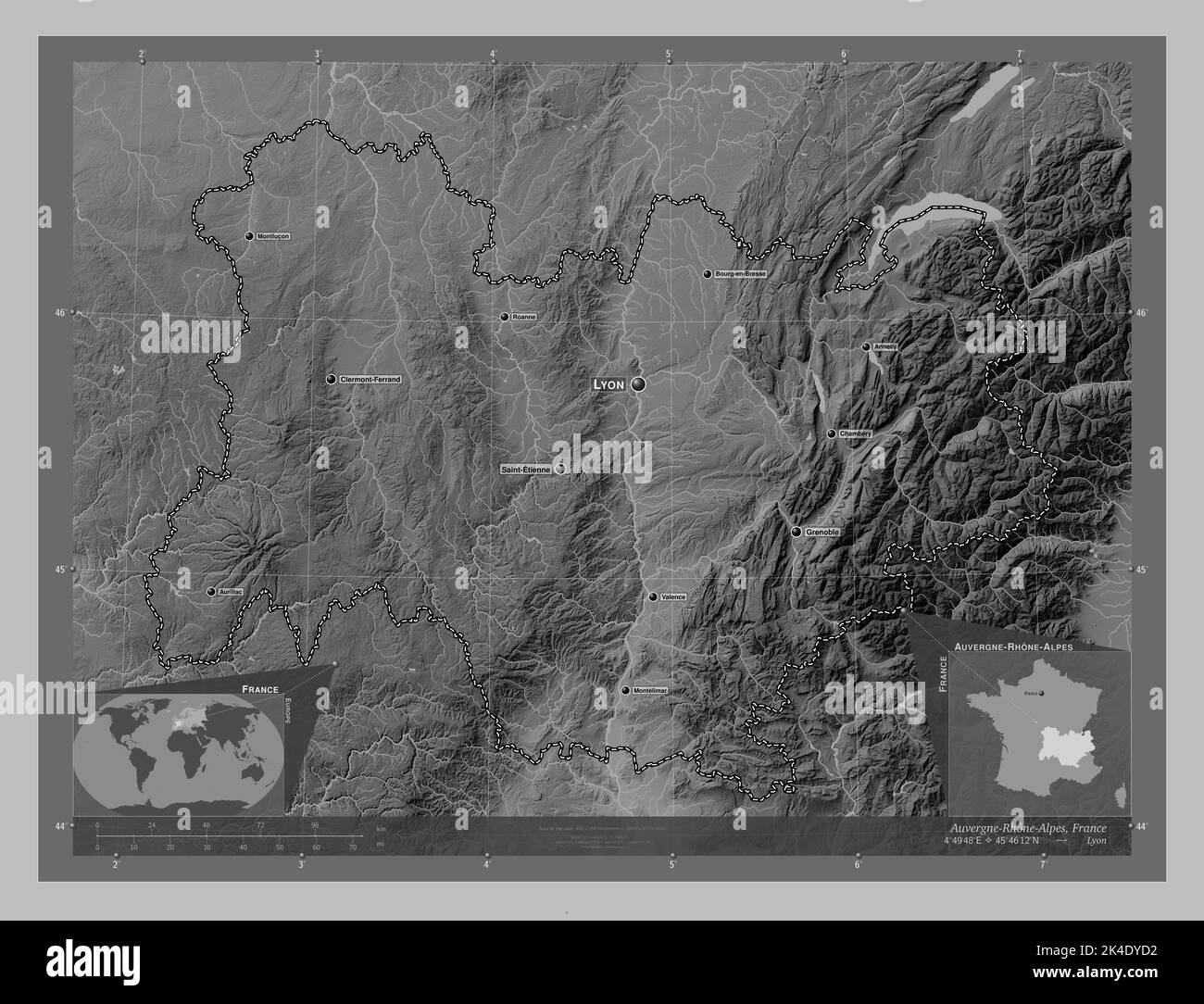 Auvergne-Rhone-Alpes, region of France. Grayscale elevation map with ...