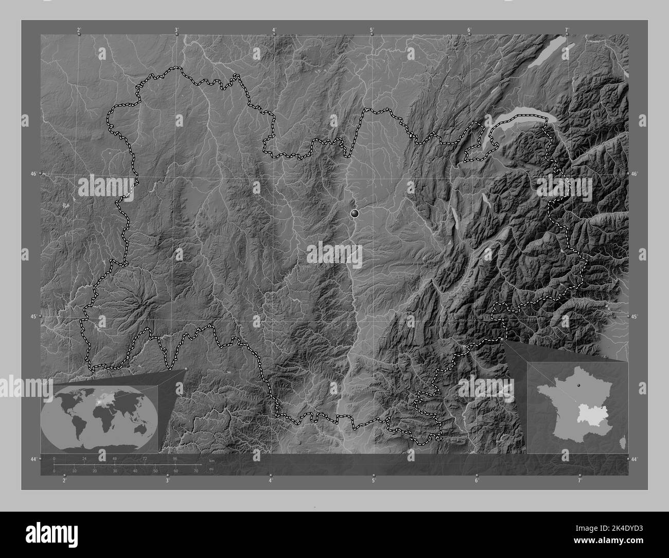 Auvergne-Rhone-Alpes, region of France. Grayscale elevation map with ...
