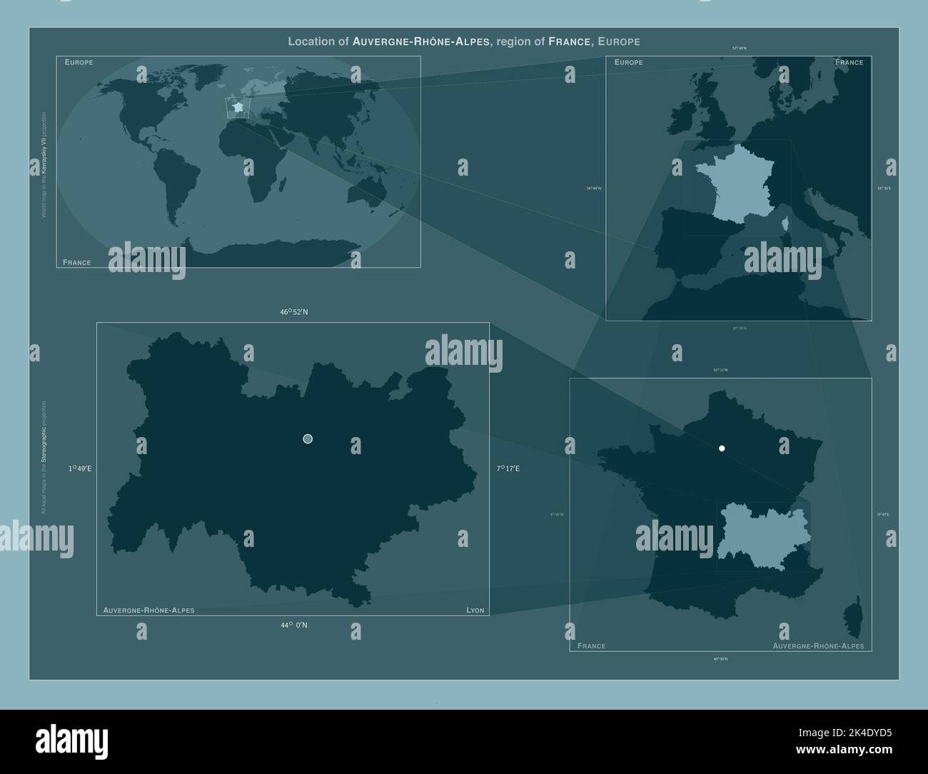 Auvergne-Rhone-Alpes, region of France. Diagram showing the location of ...