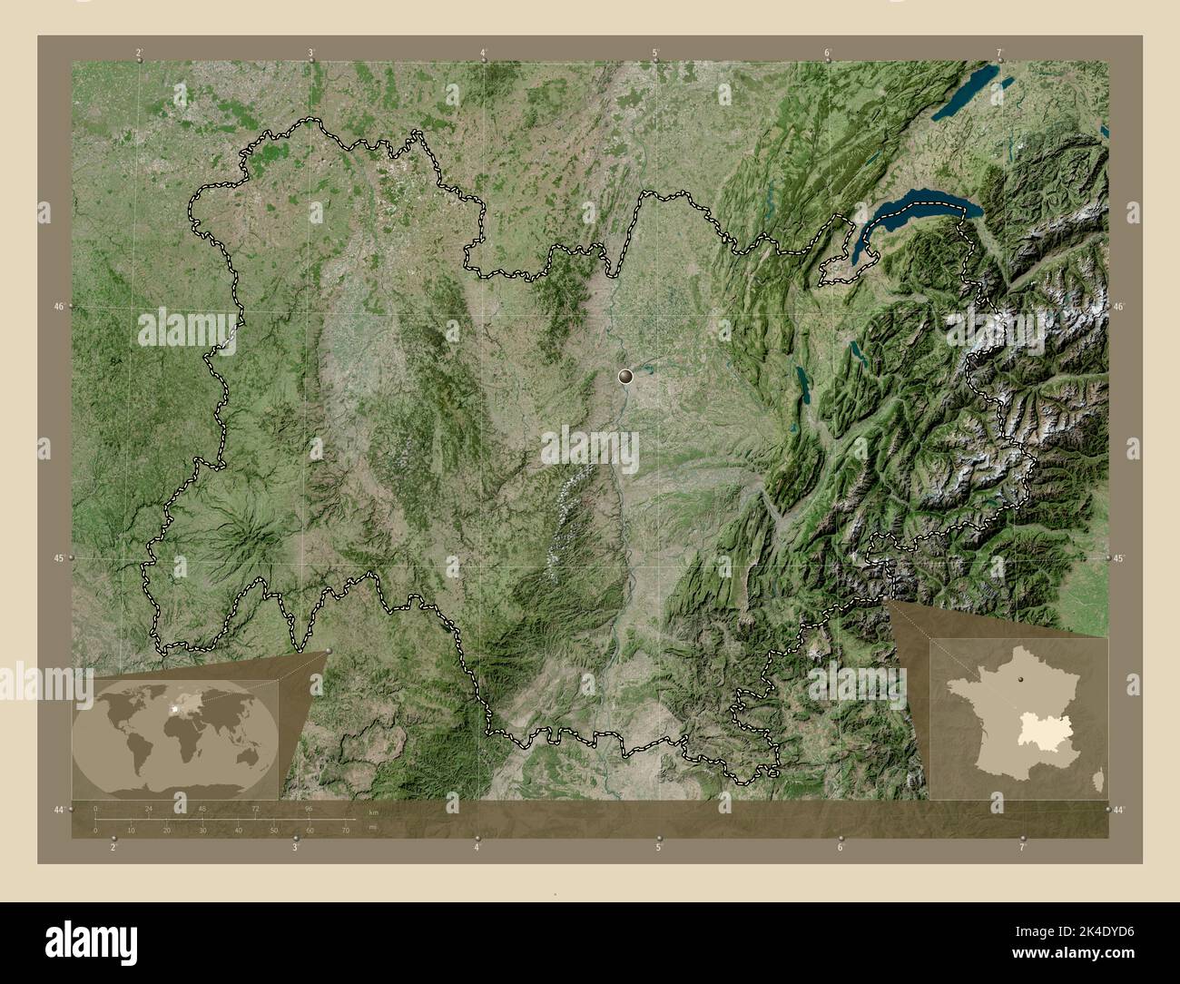 Auvergne-Rhone-Alpes, region of France. High resolution satellite map ...