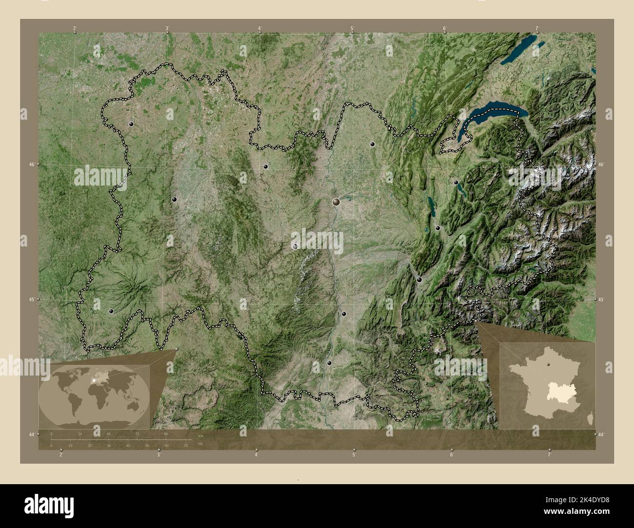Auvergne-Rhone-Alpes, region of France. High resolution satellite map ...