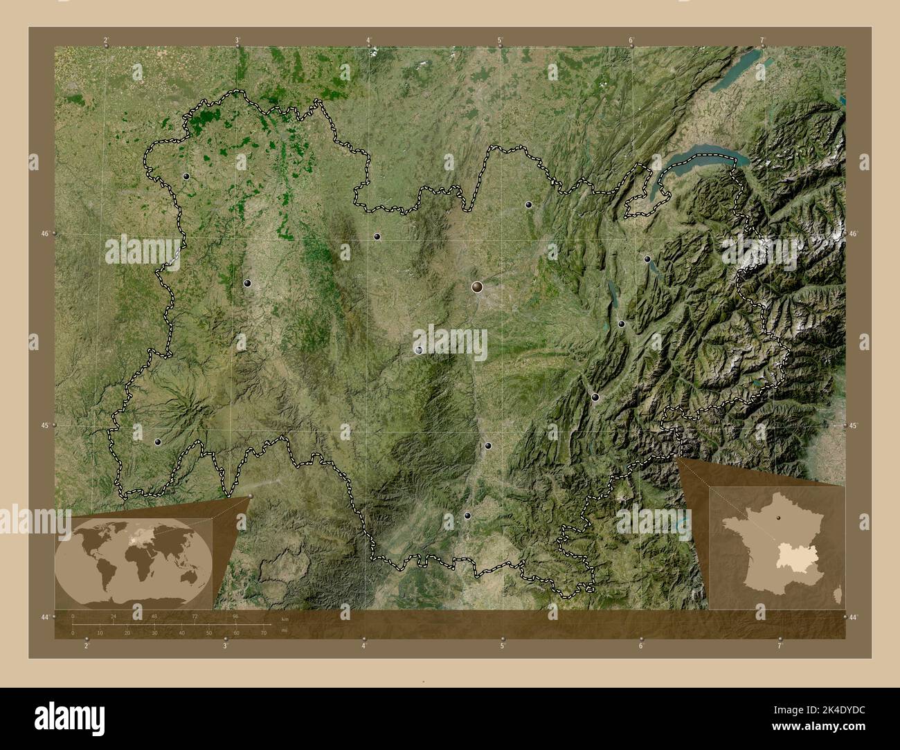 Auvergne-Rhone-Alpes, region of France. Low resolution satellite map ...
