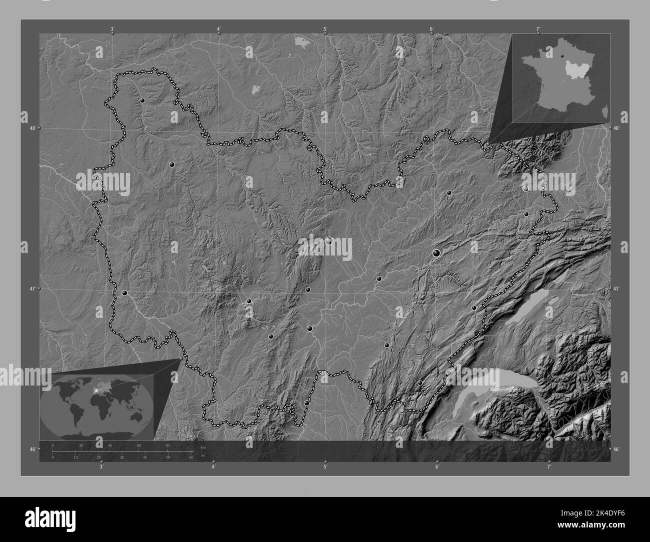 Bourgogne-Franche-Comte, region of France. Bilevel elevation map with ...