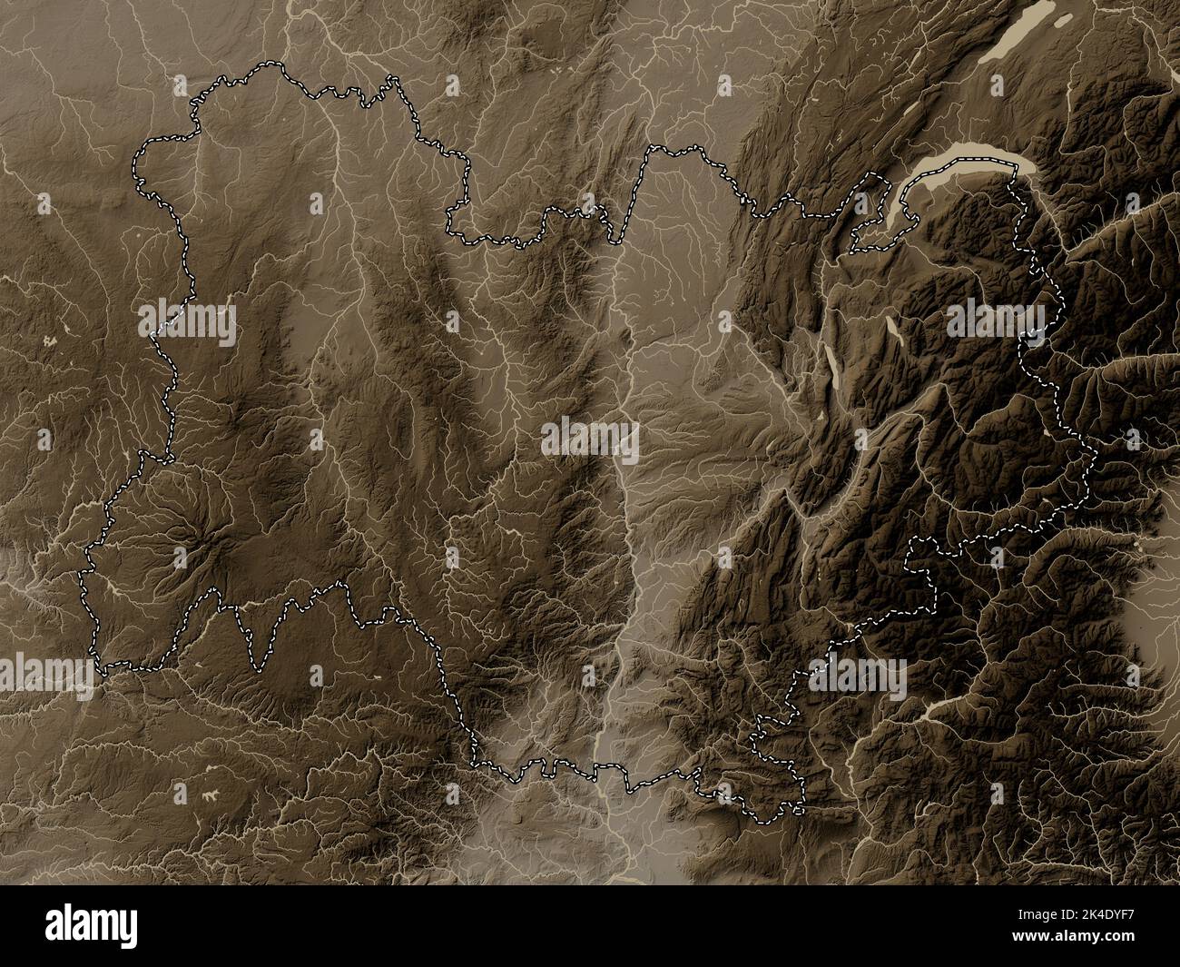Auvergne-Rhone-Alpes, region of France. Elevation map colored in sepia ...