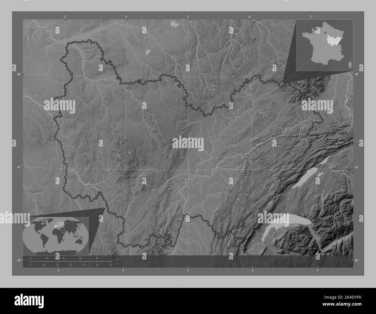 Bourgogne-Franche-Comte, region of France. Grayscale elevation map with ...