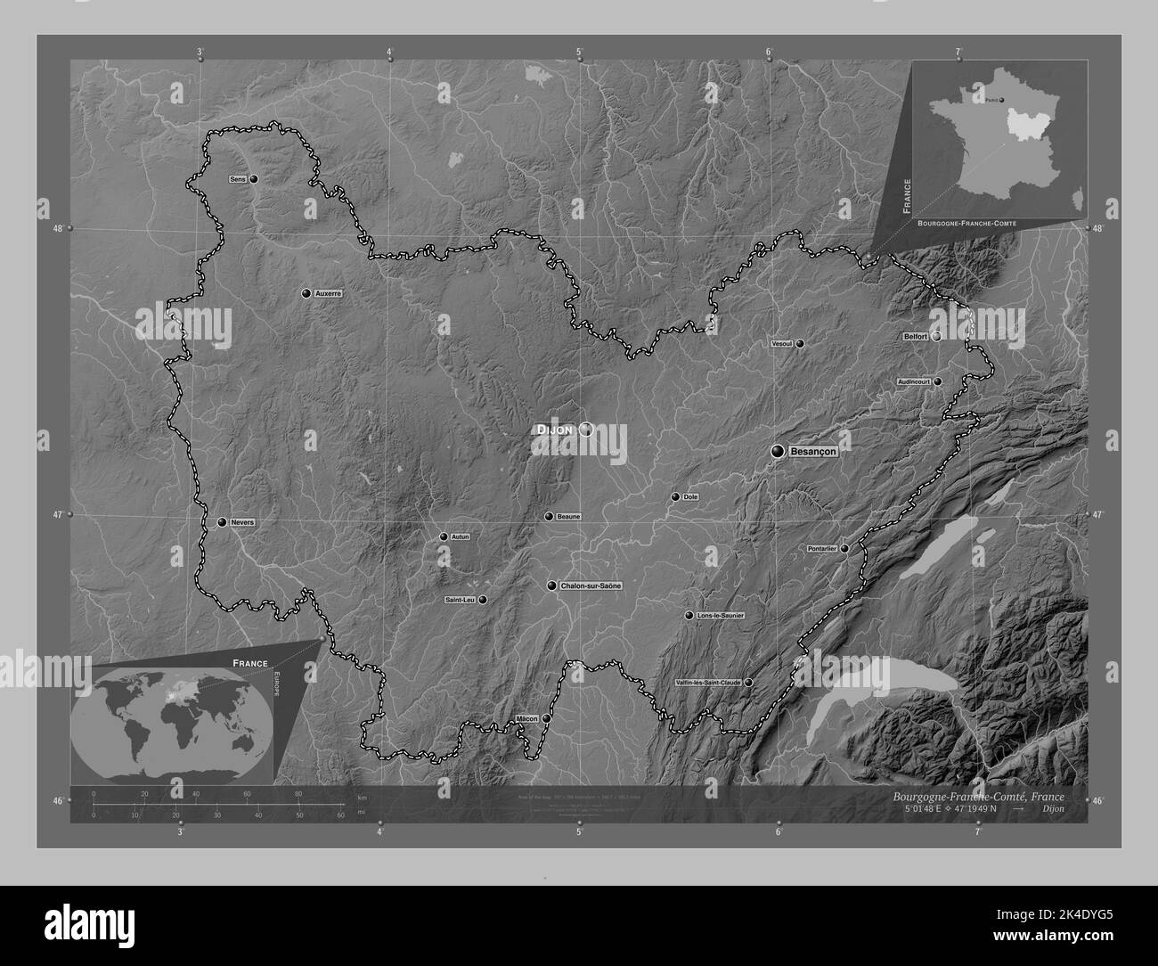 Bourgogne-Franche-Comte, region of France. Grayscale elevation map with ...