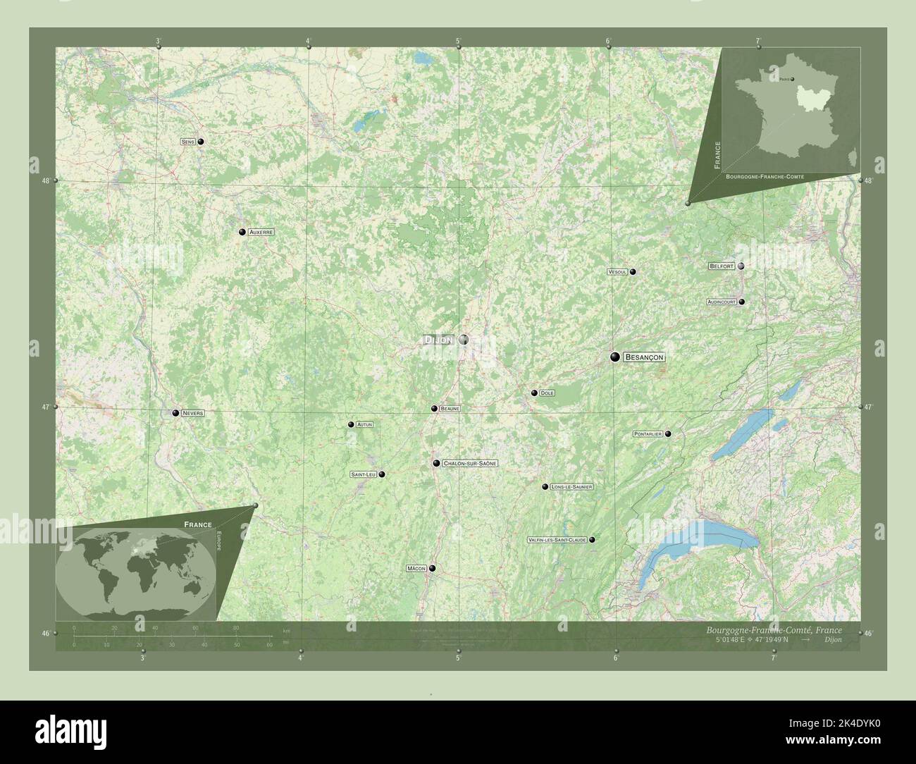 Bourgogne-Franche-Comte, region of France. Open Street Map. Locations ...