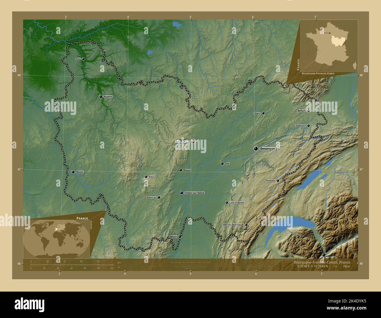 Bourgogne-Franche-Comte, region of France. Colored elevation map with ...