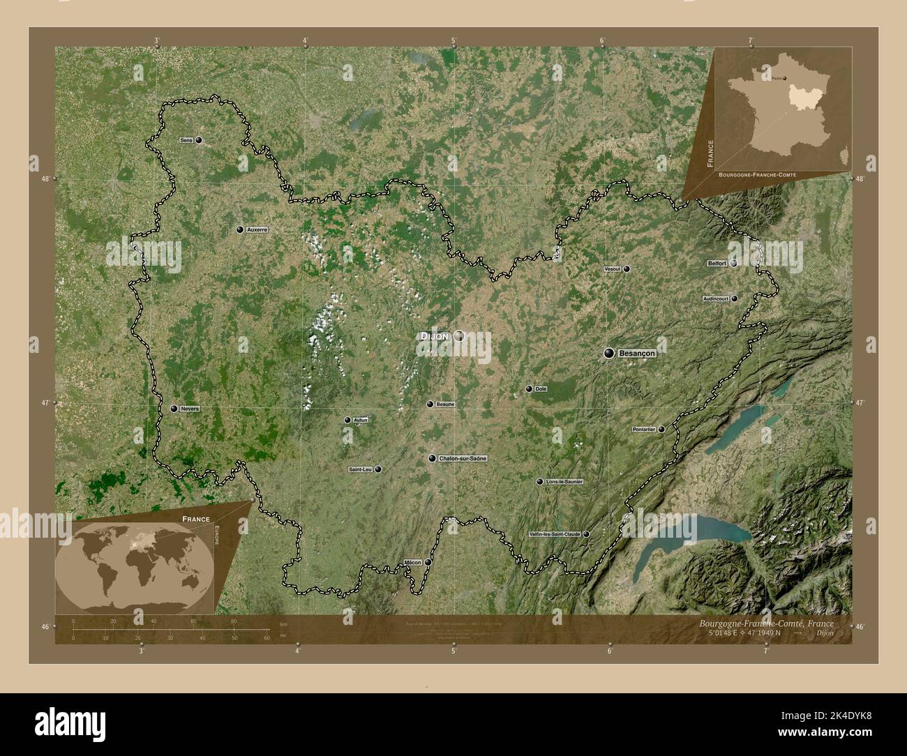 Bourgogne-Franche-Comte, region of France. Low resolution satellite map ...