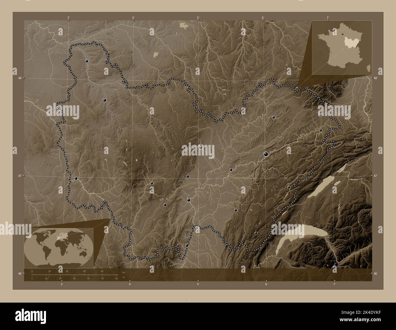 Bourgogne-Franche-Comte, region of France. Elevation map colored in ...