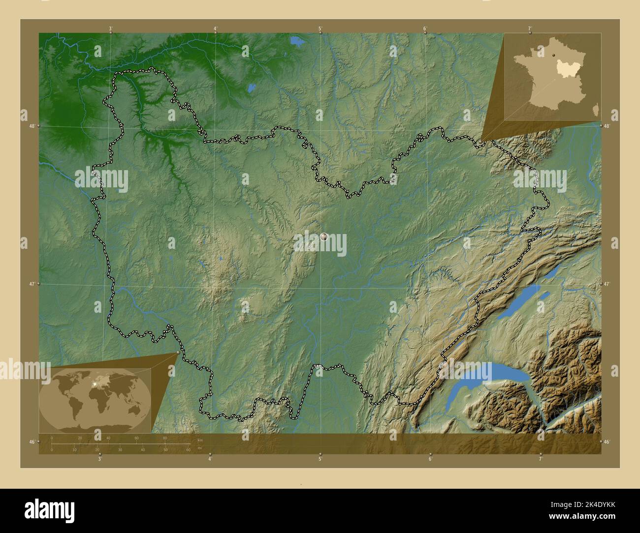 Bourgogne-Franche-Comte, region of France. Colored elevation map with ...