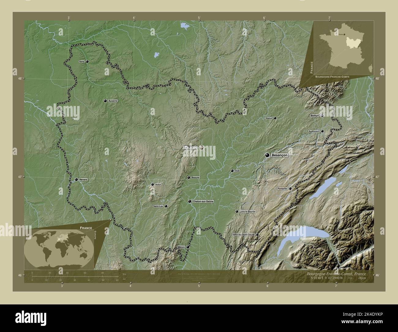 Bourgogne-Franche-Comte, region of France. Elevation map colored in ...