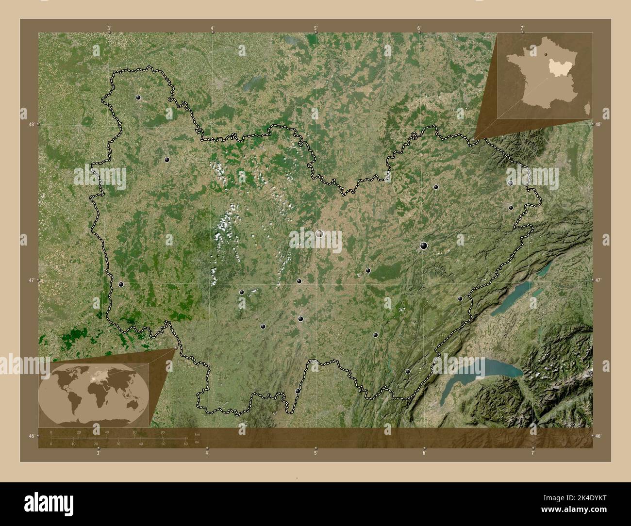 Bourgogne-Franche-Comte, region of France. Low resolution satellite map ...