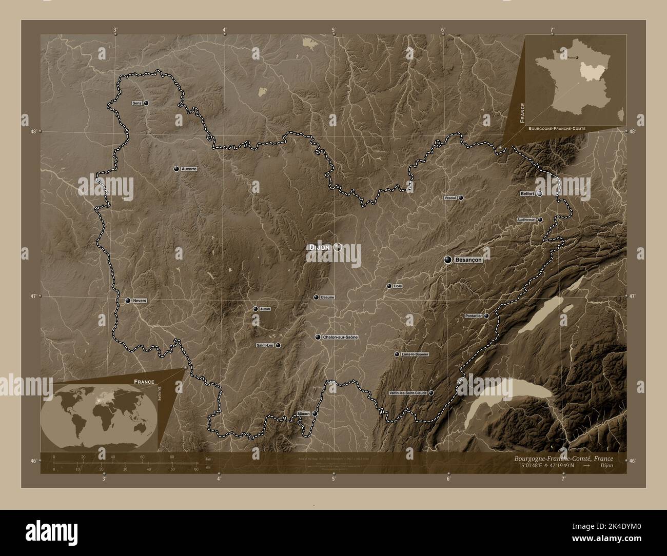 Bourgogne-Franche-Comte, region of France. Elevation map colored in ...