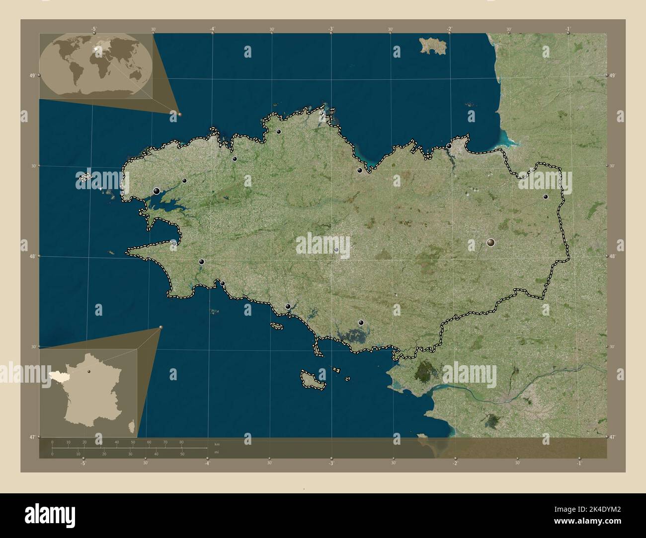 Bretagne, region of France. High resolution satellite map. Locations of ...