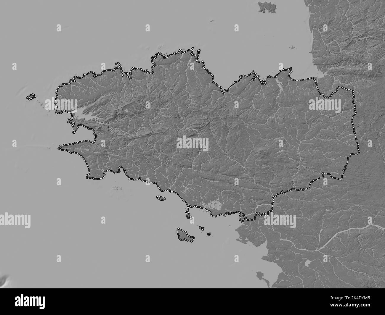 Bretagne, region of France. Bilevel elevation map with lakes and rivers ...