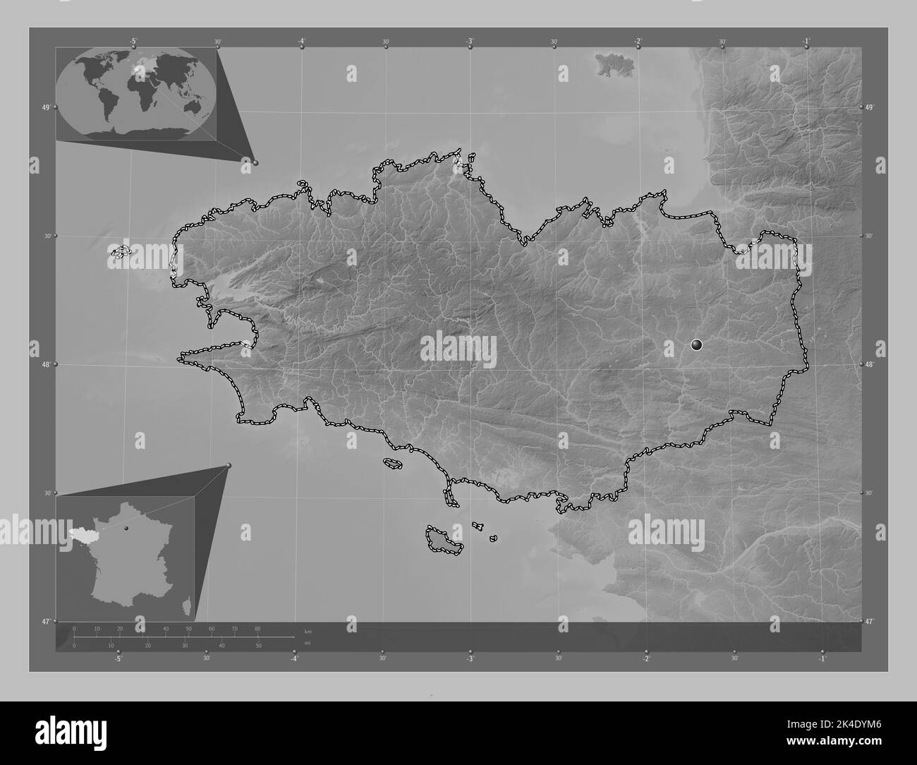 Bretagne, region of France. Grayscale elevation map with lakes and ...