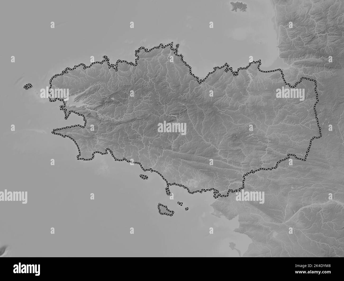 Bretagne, region of France. Grayscale elevation map with lakes and ...