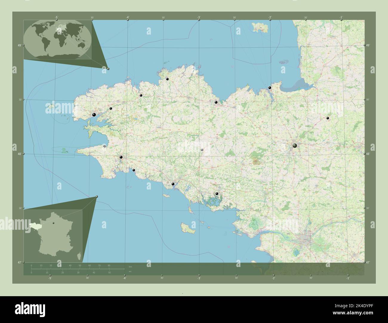 Bretagne, region of France. Open Street Map. Locations of major cities ...