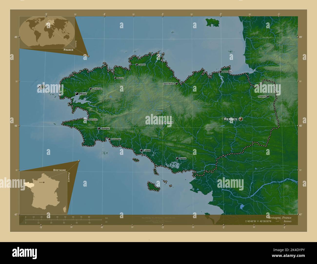 Bretagne, region of France. Colored elevation map with lakes and rivers ...