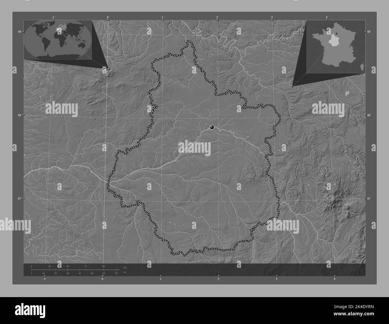 Centre-Val de Loire, region of France. Bilevel elevation map with lakes ...