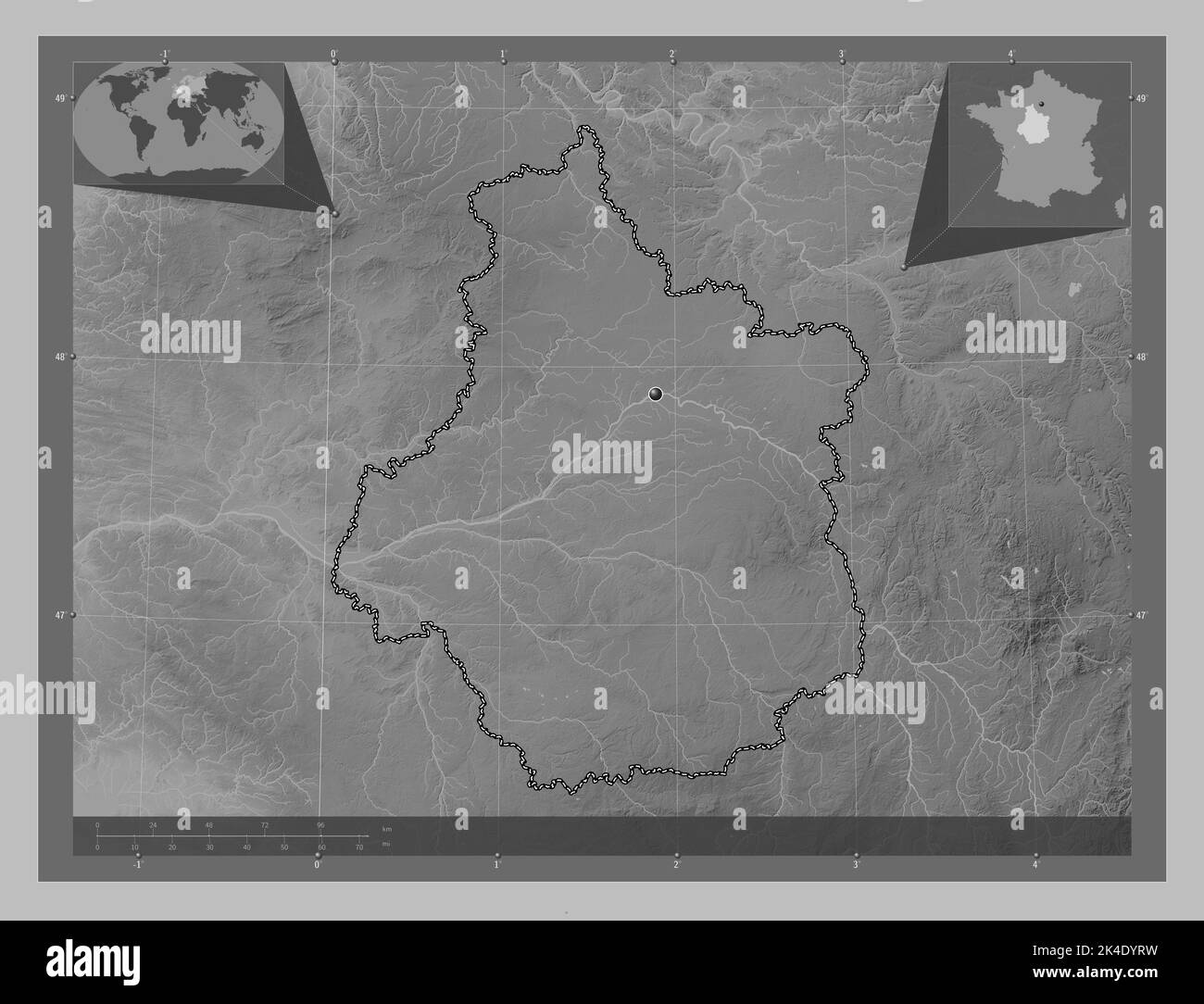 Centre-Val de Loire, region of France. Grayscale elevation map with ...