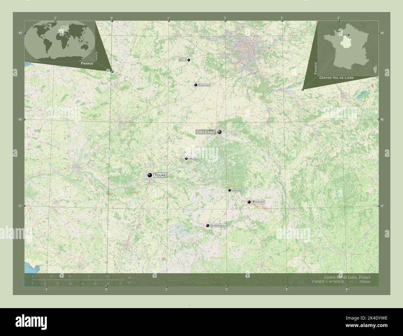 Centre-Val de Loire, region of France. Open Street Map. Locations and ...