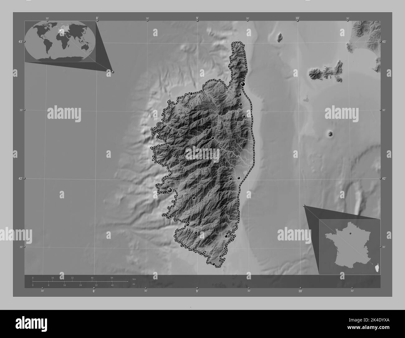 Corse, region of France. Grayscale elevation map with lakes and rivers ...