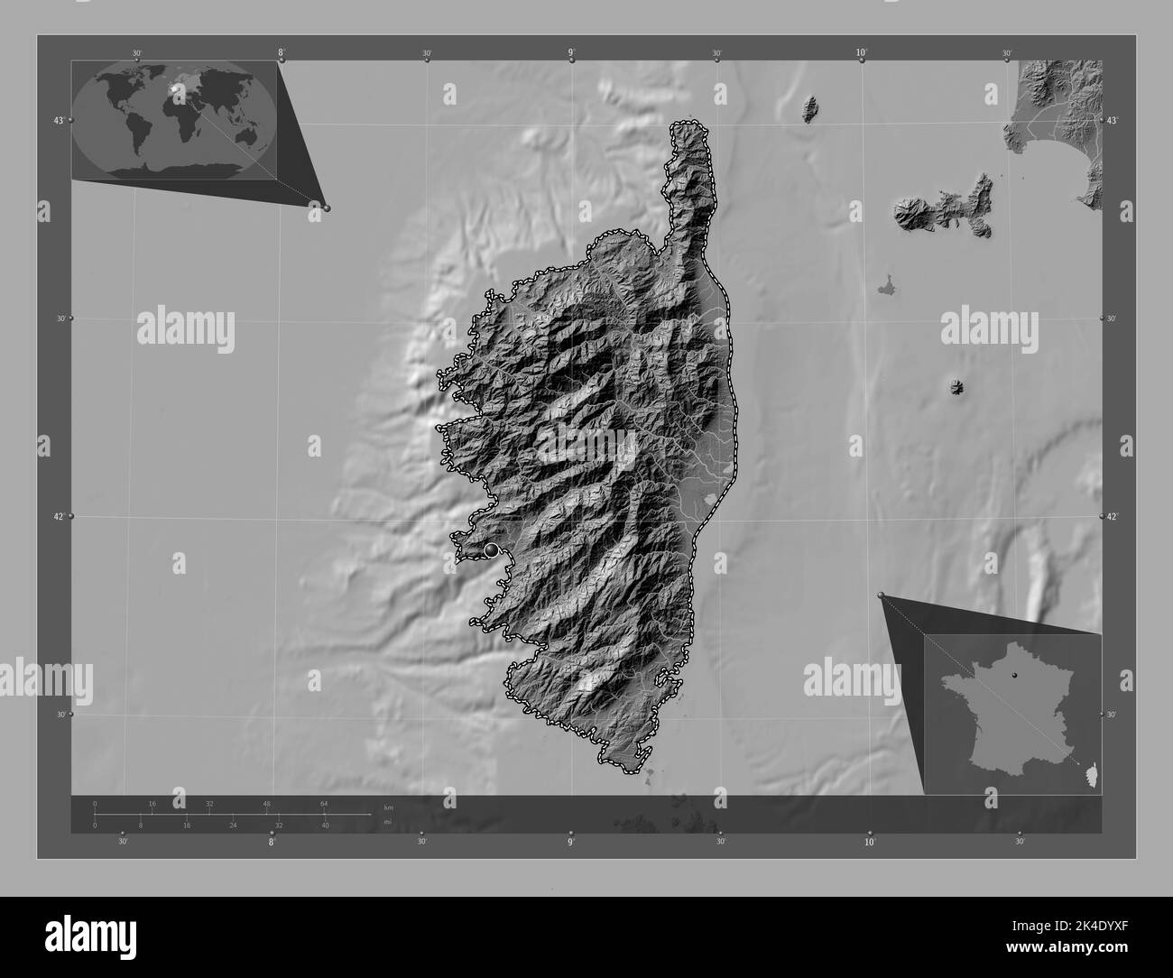 Corse, region of France. Bilevel elevation map with lakes and rivers ...