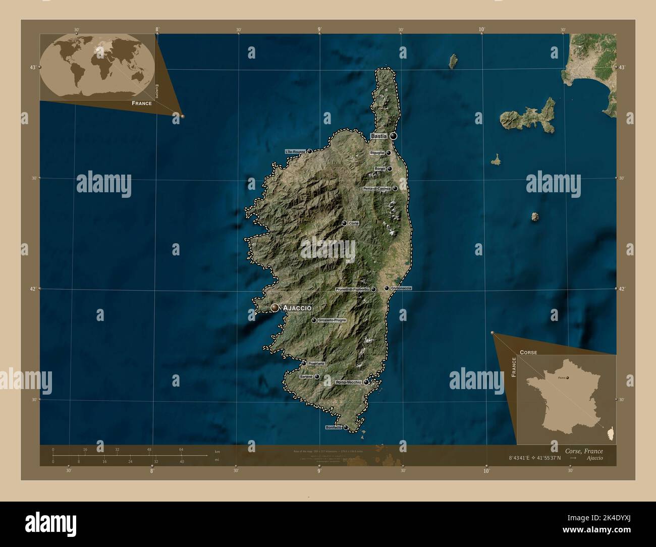 Corse, region of France. Low resolution satellite map. Locations and ...