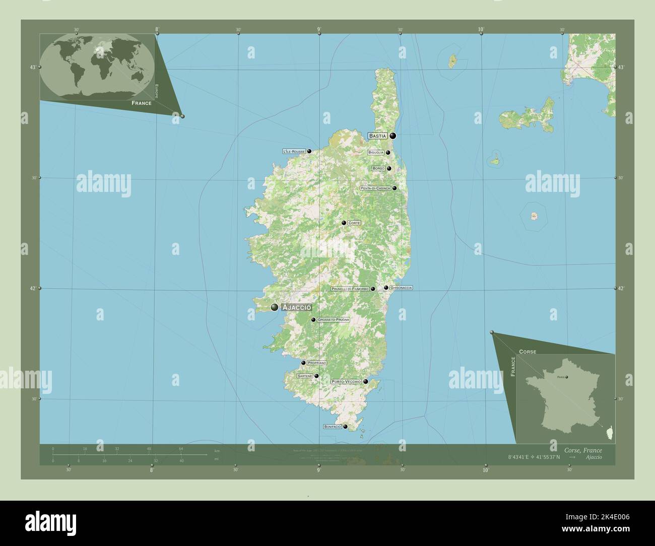 Corse, region of France. Open Street Map. Locations and names of major ...