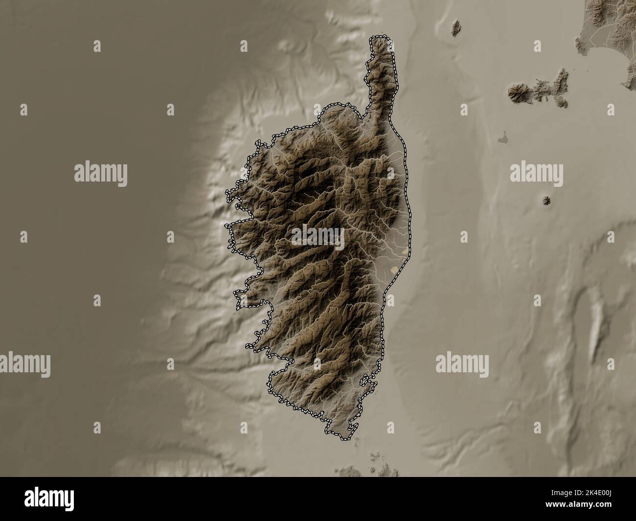 Corse, region of France. Elevation map colored in sepia tones with ...