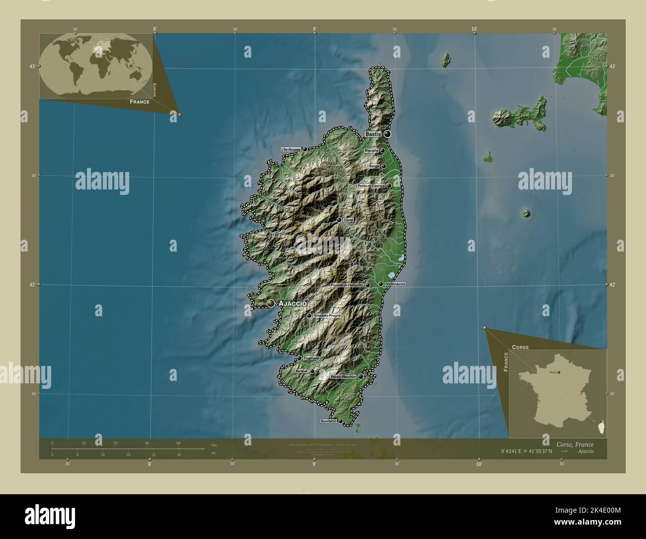 Corse, region of France. Elevation map colored in wiki style with lakes ...