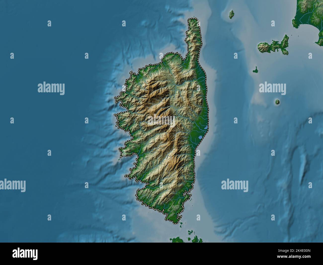 Corse, region of France. Colored elevation map with lakes and rivers ...