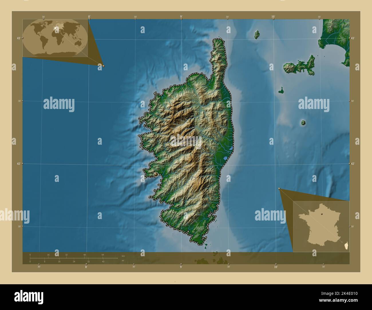 Corse, region of France. Colored elevation map with lakes and rivers ...