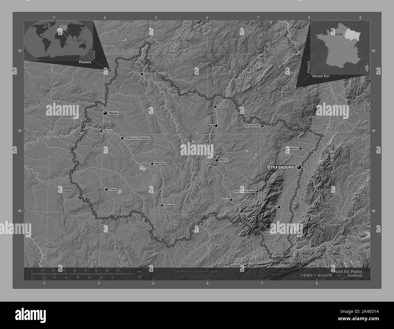Grand Est, region of France. Bilevel elevation map with lakes and ...