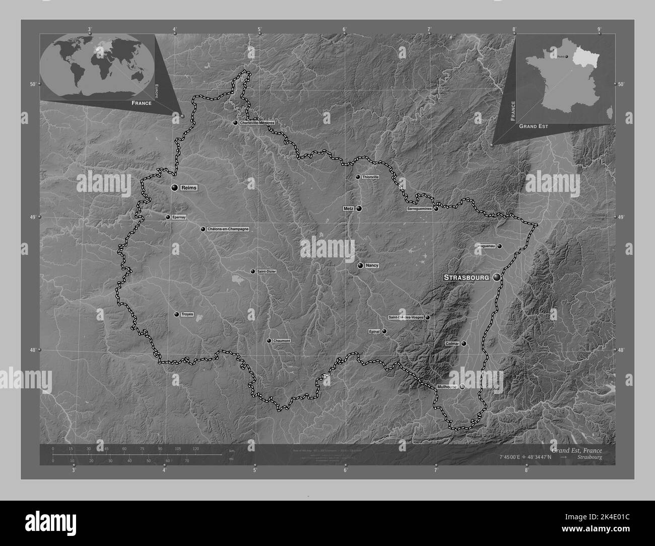 Grand Est, region of France. Grayscale elevation map with lakes and ...